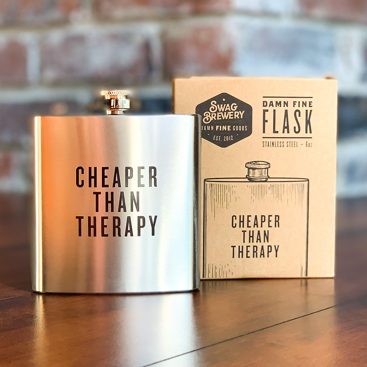 CHEAPER THAN THERAPY | Damn Fine Hip Flask | 6oz Stainless Steel | Snarky Gift for Whiskey Lovers, Teachers, Moms, Wives, Sisters, Husbands, and Psychiatrists
