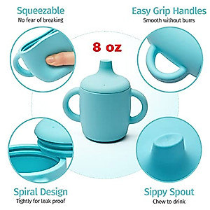 Silikong 8 Oz Silicone No Spill Sippy Cups For Toddlers and Babies | Dishwasher and Microwave Safe | 2 Pack (Green/Blue)