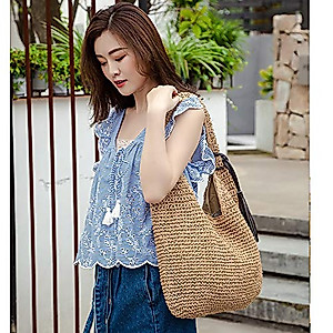 QTKJ Hand-woven Soft Large Straw Shoulder Bag with Black Tassels Boho Straw Handle Tote Retro Summer Beach Bag Rattan Handbag (Brown)
