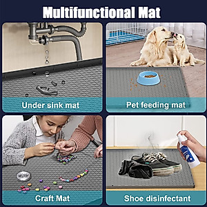 Under Sink Mat 34" x 22" Waterproof Kitchen Cabinet Tray Shelf Liners Flexible Silicone Under Sink Liner with Drain Hole Bathroom Kitchen Cabinet Mat Grey