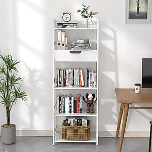 Bookshelf with Drawer, 5 Tiers Bamboo Bookcase Book Shelf Storage Organizer Modern ladder Shelf Display Stand Shelving Unit Tall Book Shelf Corner Rack for Home Office,Living Room,Kitchen,Bedroom,Toy