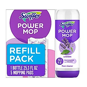Swiffer PowerMop Multi-Surface Refill Pack for Floor Cleaning, Pack includes 5 Mopping Pad Refills, 1 Floor Cleaning Solution with Lavender Scent