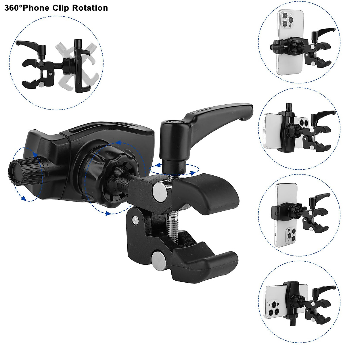 Mippko Phone Holder for Golf Cart/Microphone Stand/Shopping Cart/Railing/Handlebar/Rod,Fit for 3.5~7.5 inch iPhone/Nexus/HTC/LG/Smartphone,360°Adjustable Clip Aluminum Alloy Mount