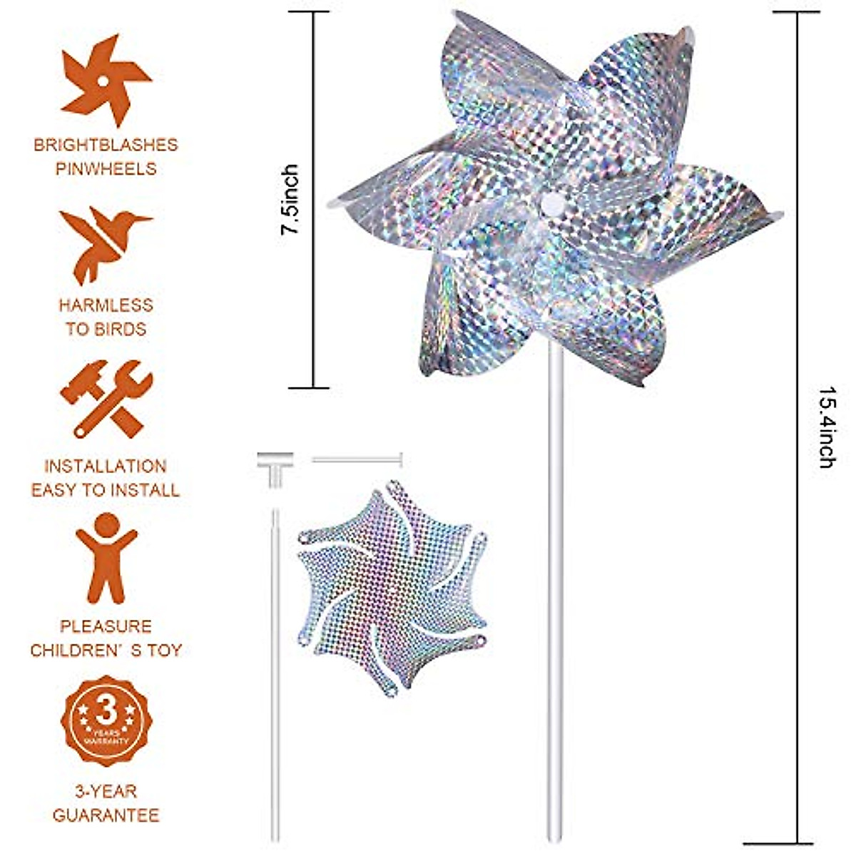 JFDWOPHT Reflective Pinwheels, High-Efficiency Reflective Material, Keep Birds Away from Garden - 10 Pack (Pinwheel)