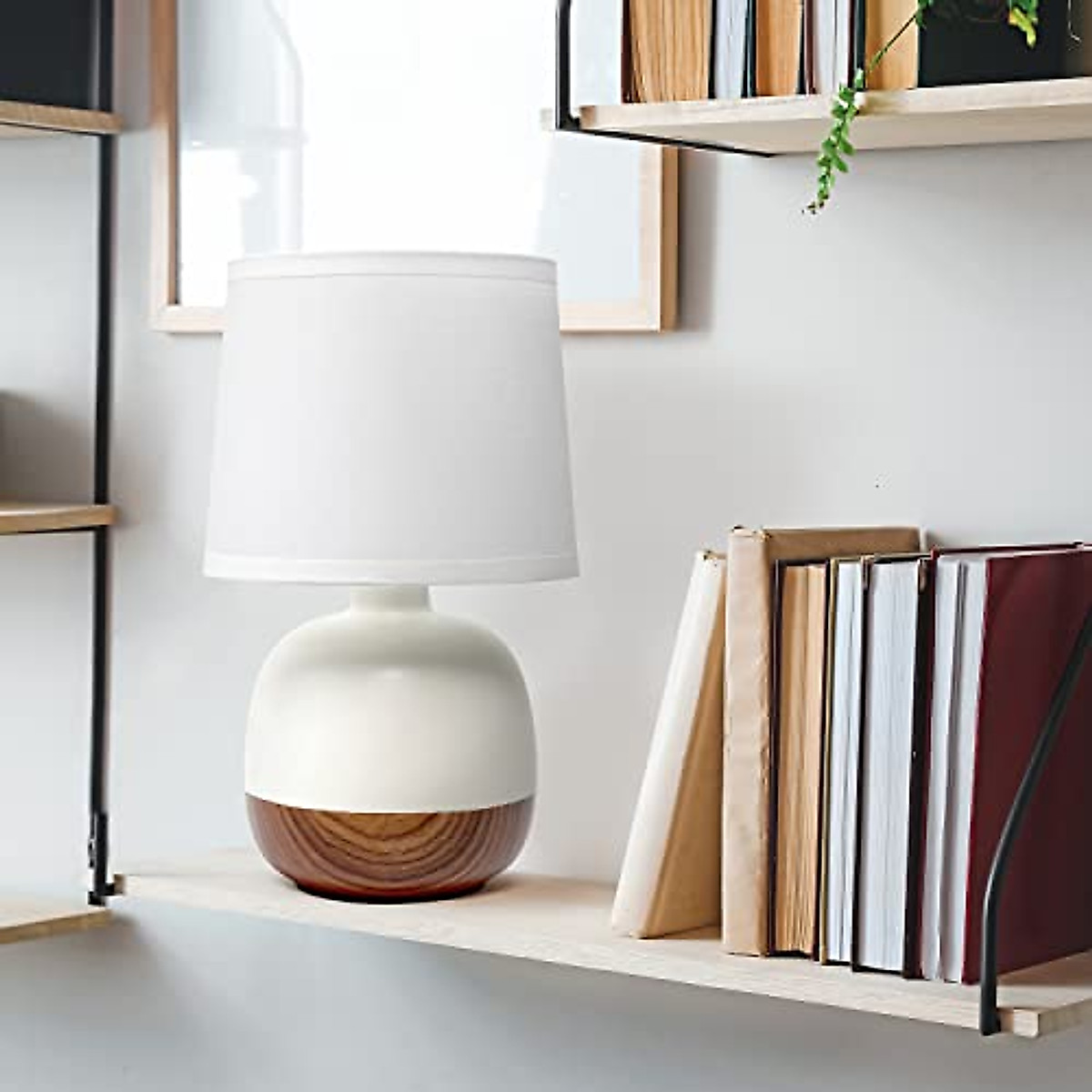 Simple Designs LT2078-DWW Petite Mid Century Table Lamp, Dark Wood and White