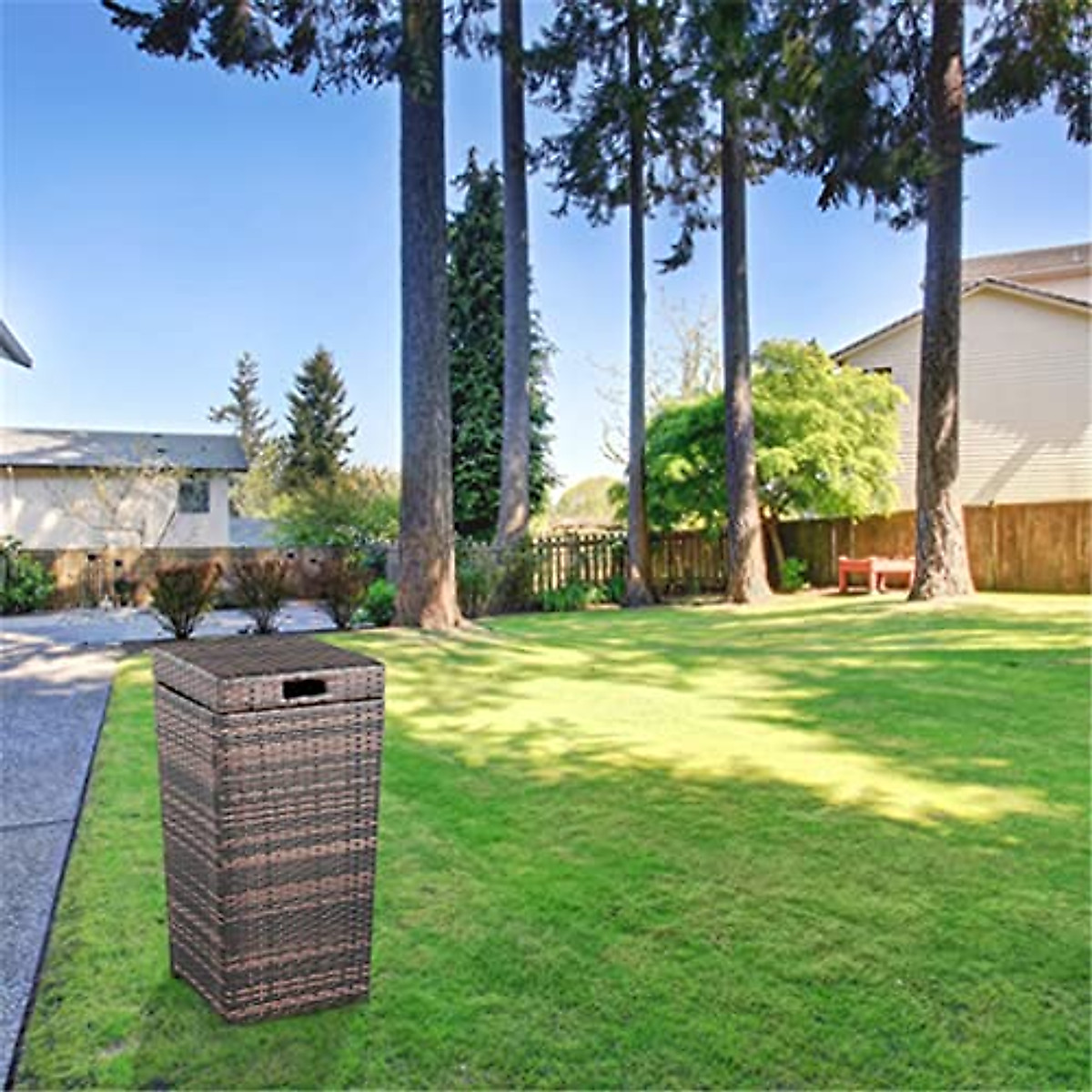 ZSEDP with Top Cover Iron Frame Rattan Trash Can Brown Gradient Outdoor Trash Can Warehouse
