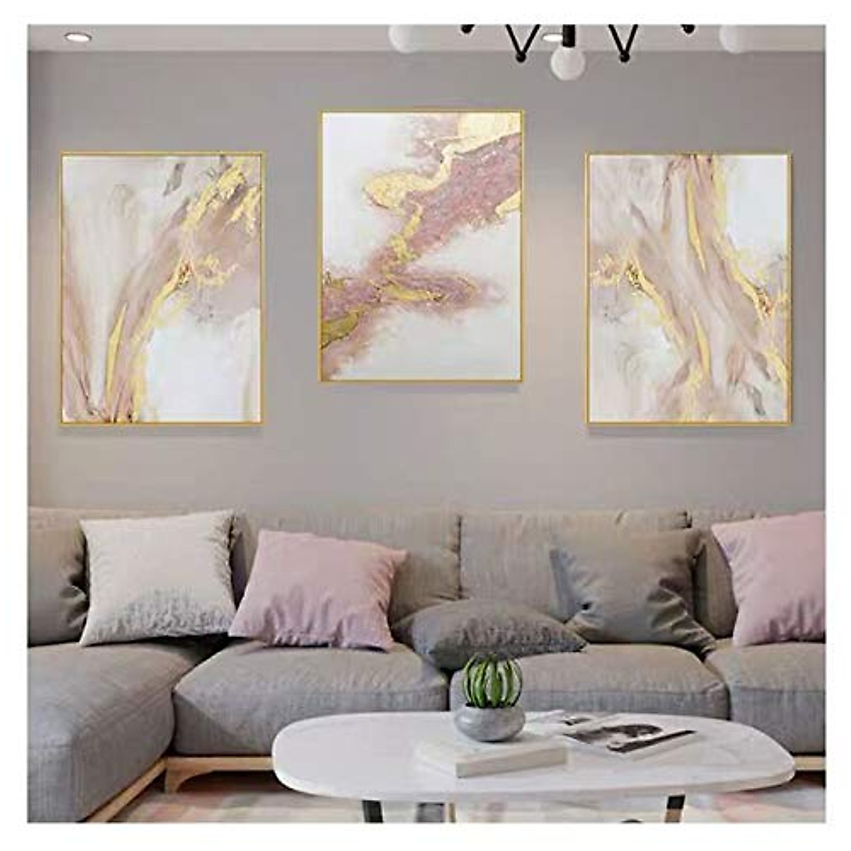 3 Piece Framed Canvas Wall Art Pink Gold Abstract Painting Water Flow Shape Modern Home Decor Ready to Hang 24x48 inches