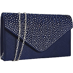 St. Jubileens Ladies Large Evening Satin Bridal Diamante Ladies Clutch Bag Party Prom Envelope (Navy)