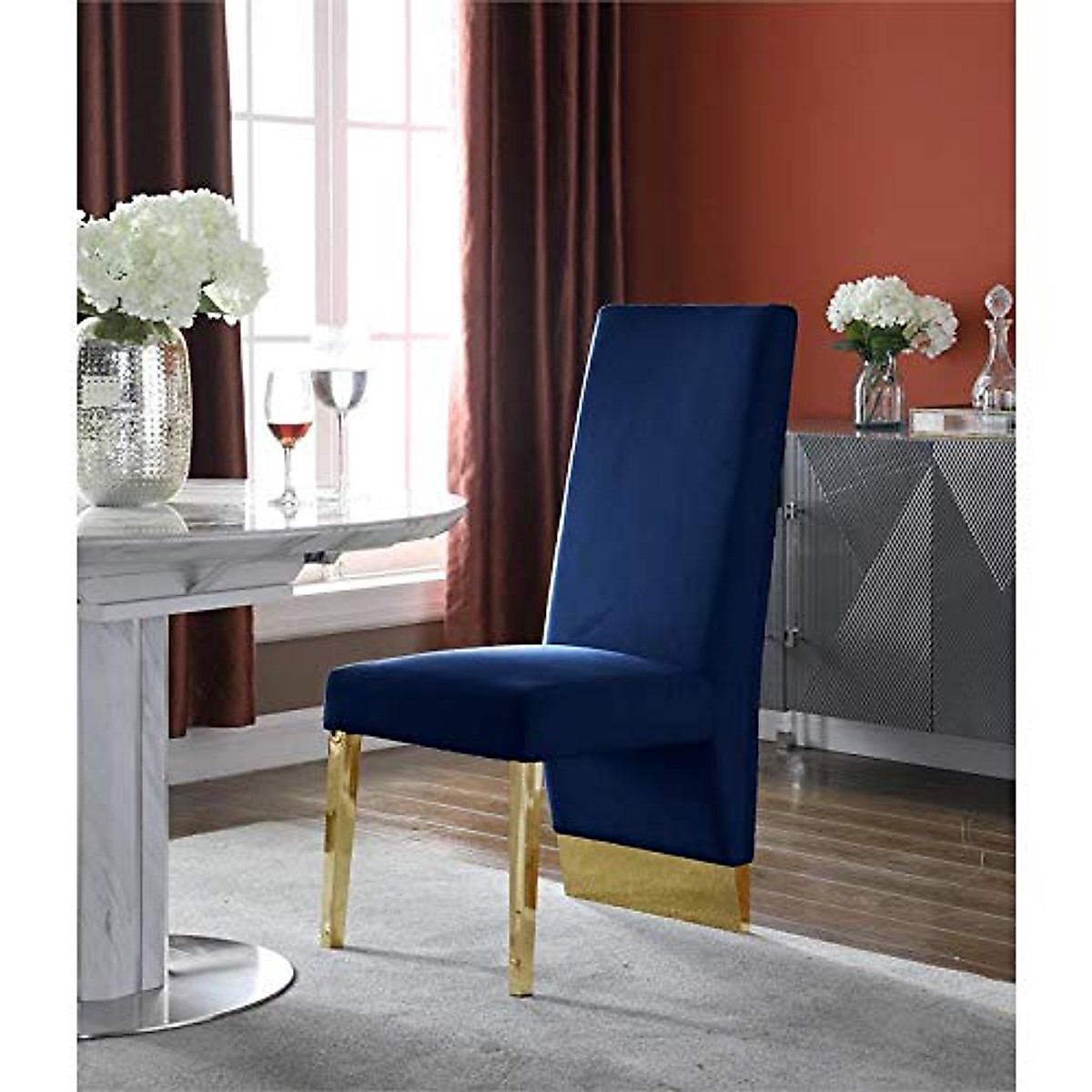 Meridian Furniture Porsha Collection Modern | Contemporary Dining Chair with Deep Channel Tufted Back and Sturdy Metal Legs, Set of 2, 19.5" W x 27" D x 42" H, Navy Velvet Upholstered