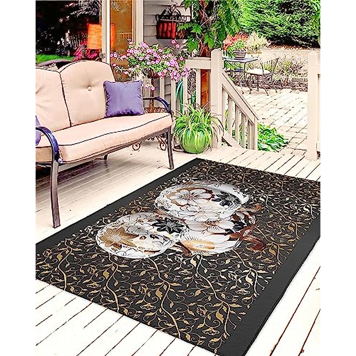 Outdoor Area Rug for Patio,Fall Thanksgiving Pumpkin Black Camping Rugs Indoor Large Floor Mat 5x8ft,White Floral Gold Leaves Outside Carpet for Deck RV Picnic Porch Backyard Bedroom Living Room