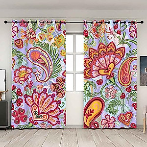 Pamime Shower Curtain Rod Holder Paisley Ethnic Pattern with Floral Red Orange Green Shower Curtain Rod Holder 52" W X 84" L Panels of 2