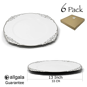 allgala 13-Inch 6-Pack Heavy Quality Round Charger Plates-Floral White Silver Trim-HD80342