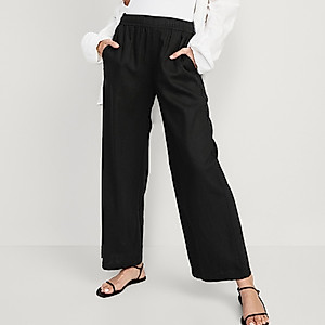 Hixiaohe Women's Casual Linen Pants Summer Elastic High Waisted Trouser Loose Wide Leg Pants(Black,XL)