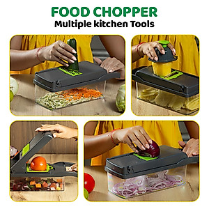Pro Food Chopper, Multifunctional 12 in 1, Vegetable Chopper, Veggie Chopper with 8 blades, Kitchen Vegetable Slicer Dicer Cutter, Veggie Chopper with Container, Vegetable Cutter, Includes 3 Bonus