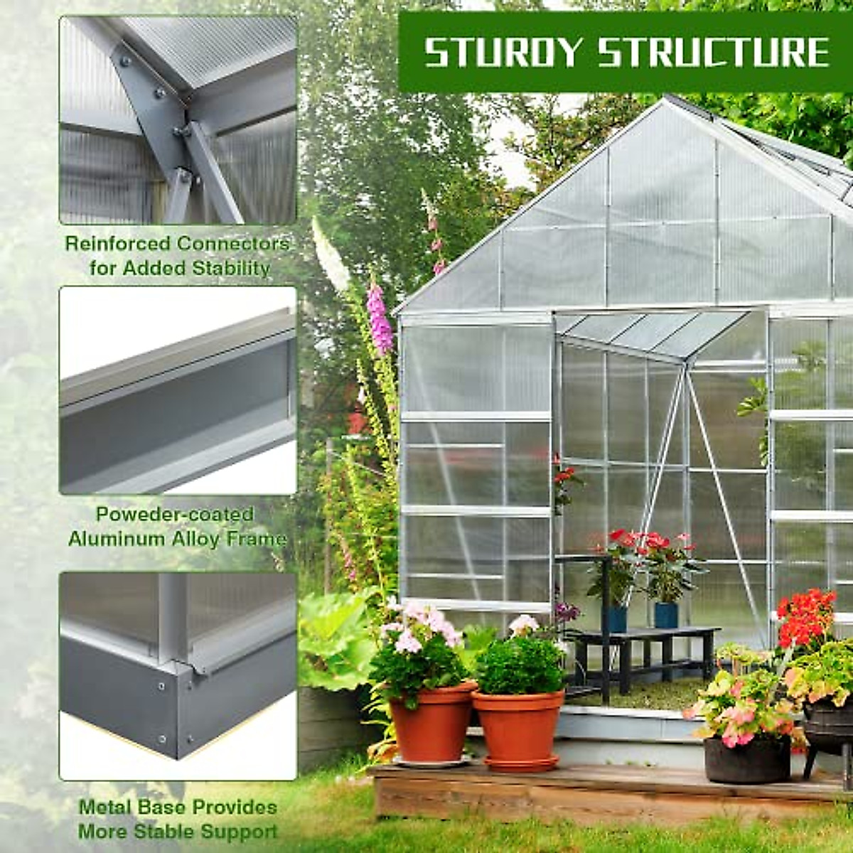 MELLCOM 12' x 10' x 10.3' Greenhouse for Outdoor, Outside Walk-in Hobby Green House for Plants with Polycarbonate Aluminum Frame, Adjustable Roof Vent and Sliding Door for Backyard Garden in Winter