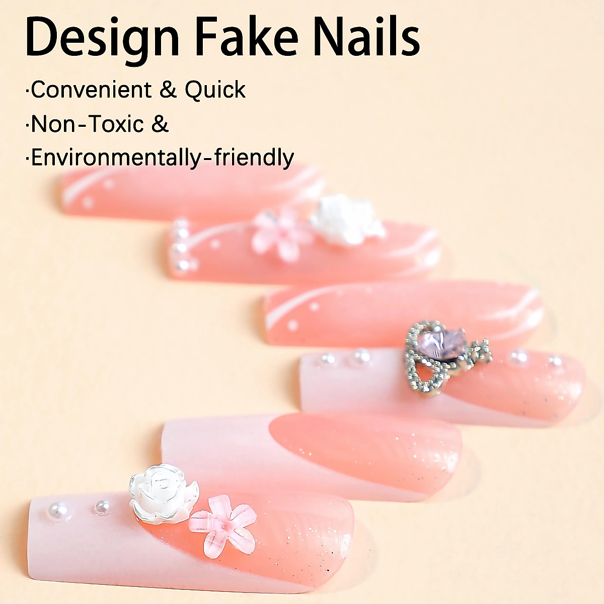 BABALAL Square Press on Nails Long Fake Nails White French Glue on Nails 3D Flower Bow rhinestone Acrylic Nails 24Pcs Glitter Shiny Planet Squoval Love Pink Heart Stick on Nails for Women and Girls