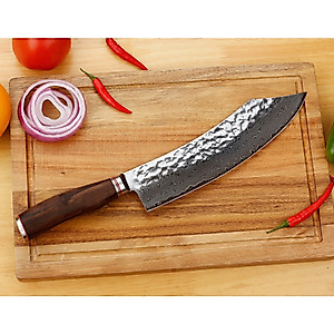 YOUSUNLONG Butcher Knife Pro 10" Cimitar Hybrid Cleaver Japanese Hammered Damascus Steel Razor Sharp - Natural Leadwood Handle