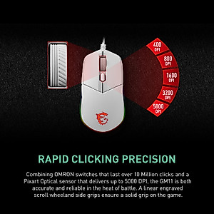 MSI Clutch GM11 White Gaming Mouse, 5000 DPI, 10M Omron Switches, Optical Sensor, Symmetrical Ergonomic Design, RGB Mystic Light Compatible,Black
