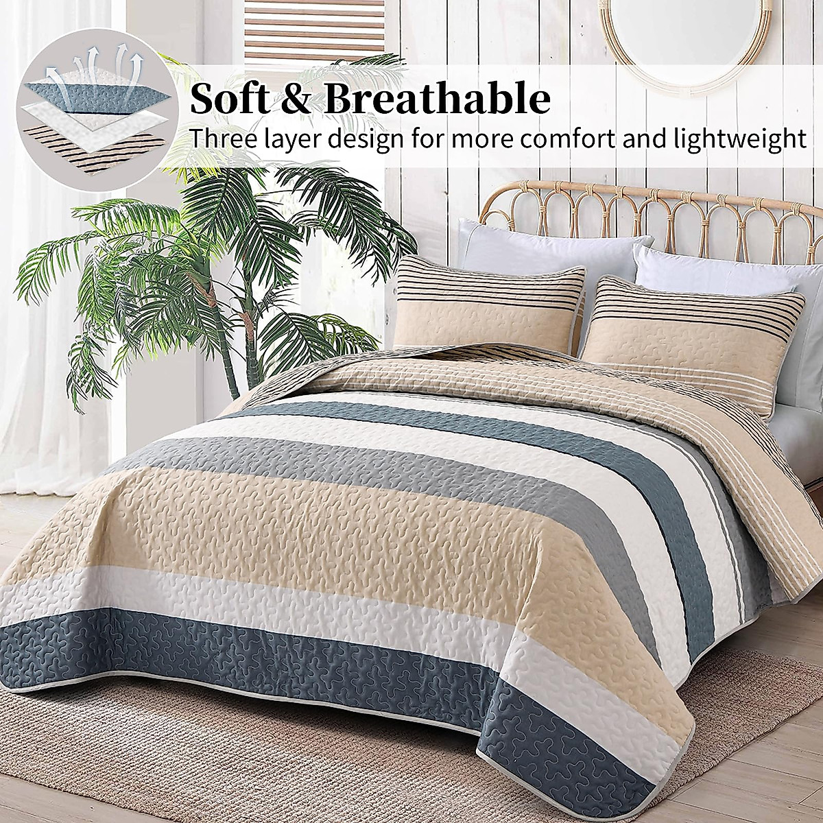 Dinjoy Grey Boho Quilt King Striped Khaki Bedspread Lightweight Boho 3 Pieces Reversible Quilt Set Micofiber Farmhouse Quilt Set with 2 Pillowcases for All Seasons Fall (Gray Striped Quilt)