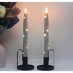 CFDECOR Flameless Glitter Taper Candles with Embedded String Lights, Battery Operated Candle with Timer & Remote, LED Tapered Dinner Candle. for Xmas, Dining, Wedding Décor,Set of 3 (Silver) H: 10"