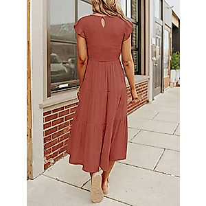 ZCSIA Women's 2023 Summer Casual Ruffle Short Sleeve Crewneck Smocked Tiered A Line Midi Dress,Rust,Small