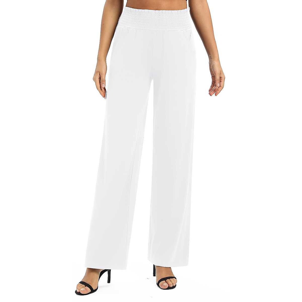 Urban CoCo Women's Solid Wide Leg Palazzo Lounge Pants Casual Straight Leg High Waist Stretch Pants (White, XL)