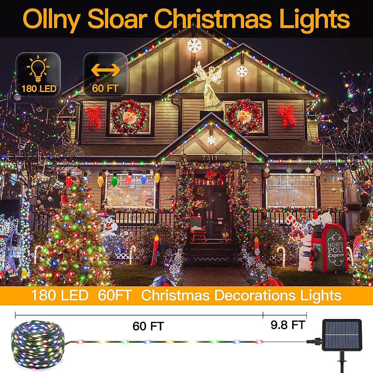 Ollny Solar String Lights Outdoor 2Pack Each 180LED 60FT 11Modes IP67 Waterproof, Warm White & Multicolor Solar Fairy Lights with Timer Memory for Patio Christmas Decorations