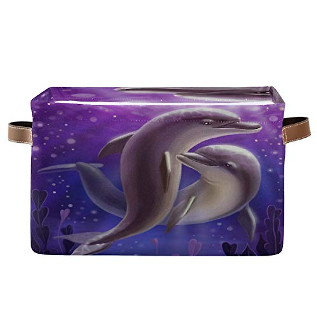 ALAZA Decorative Basket Rectangular Storage Bin, Two Lovers Dolphin Purple Organizer Basket with Leather Handles for Home Office