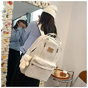 AONUOWE Preppy Backpack with Plushies Cute Backpack for Teen Girls Light Academia Bookbags Solid Aesthetic School Bag (White)