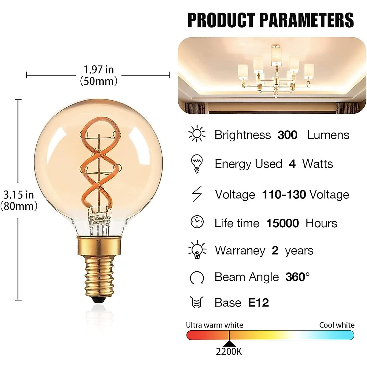 E12 Décor Globe g16.5 G50 Candelabra Light Bulb 4W Dimmable,40 Watts Equivalent,Amber Glass 2200K 300lm,Edison Replacement Globe Bulb for Sputnik Chandelier Vanity Ceiling Fan Light Bulbs,2 Pack