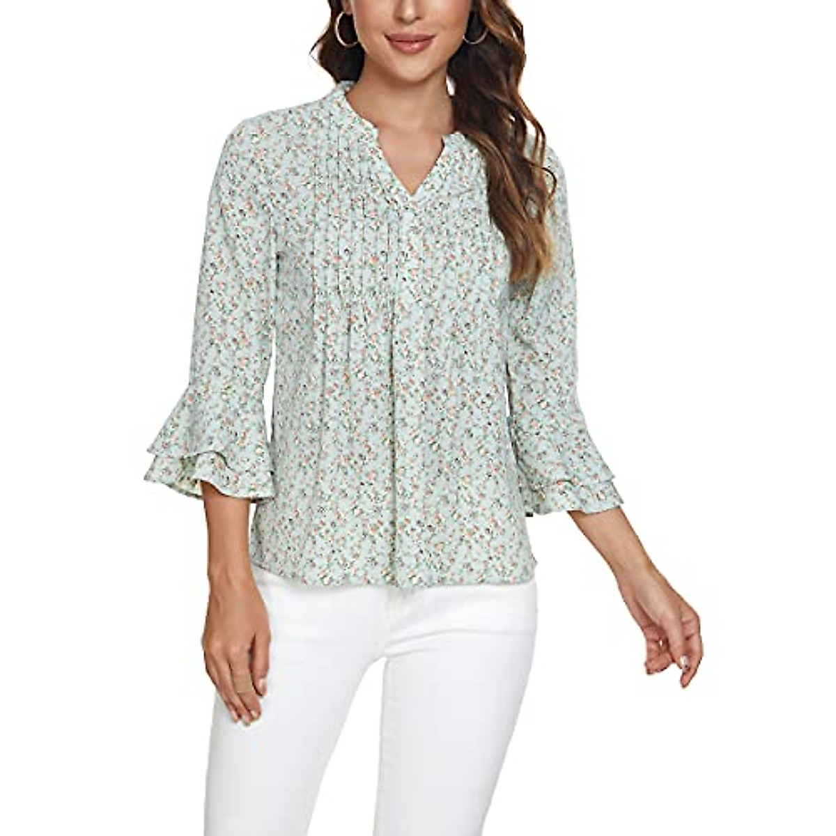 olrain Womens Summer Floral Printed V-Neck Swing Tunic 3/4 Bat Wing Short Sleeve Chiffon Tops Blouse Shirts (Light Green, X-Large)
