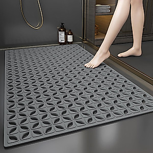 Bathtub Mat Non-Slip Rubber Shower Mat with Drain Holes Suction Cups, Quick Drain Easy Cleaning, Bath Mat for Shower Tub & Shower Stall & Bathroom, Machine Washable (15.74"×27.55", Gray-2)