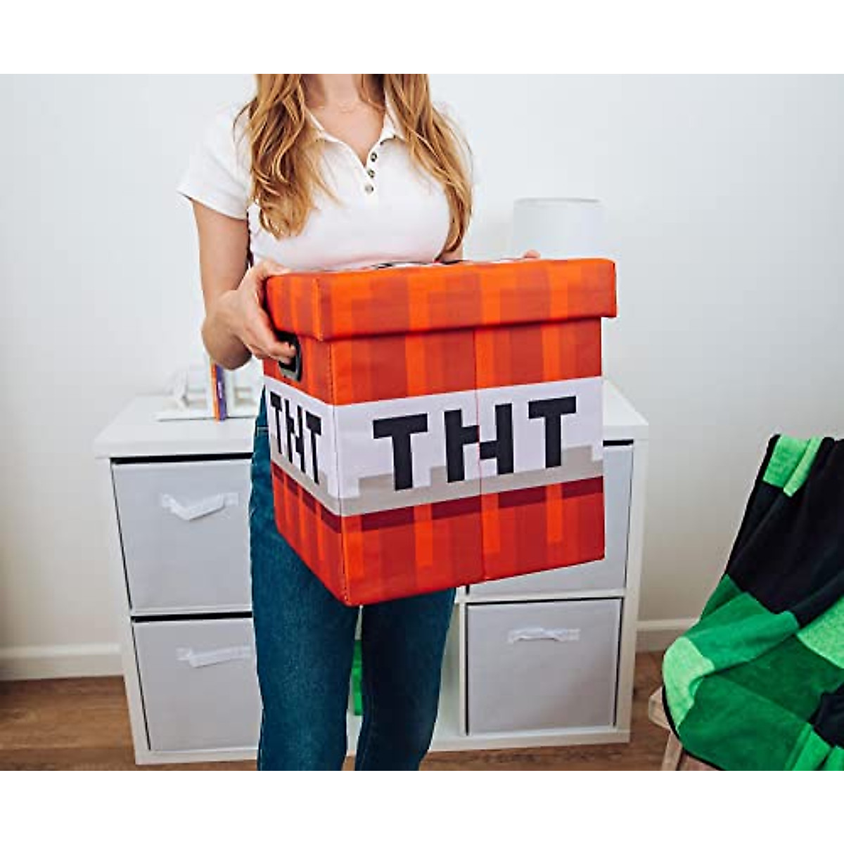 Minecraft TNT Block 13-Inch Storage Bin Chest With Lid | Foldable Fabric Basket Container, Cube Organizer With Handles, Cubby For Shelves, Closet | Home Decor Essentials, Video Game Gifts