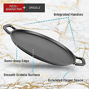 NutriChef 14-Inch Cast Iron Pizza Pan - Versatile Pre-Seasoned Round Cooking Griddle, Dosa Pan, Comal For Oven, Grill, Stove, and Campfires - Includes 2 Easy-Grip Heat Safe Silicone Handles