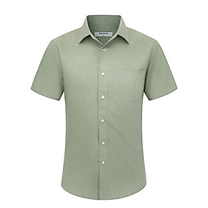 Elanbells Mens Linen Dress Shirt Beach Untucked Wrinkle Free Lightweight Shirt Green