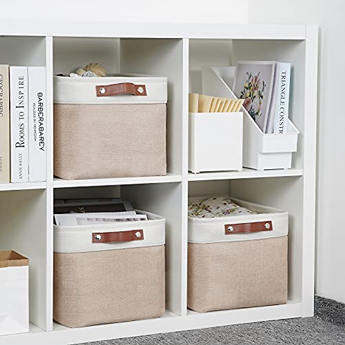 DULLEMELO Collapsible Bundle Baskets 3 Medium Baskets 15"x11"x9.5" + 2 Large Baskets 16"x12"x12"（White&Khaki)