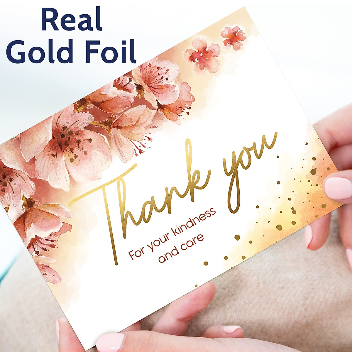 T MARIE 24 Gold Foil Funeral Thank You Cards With Message Inside - 4.5 x 6.25” Floral Bulk Sympathy Flower Thank You Cards with Words Inside - Bereavement Thank You Notes With Envelopes