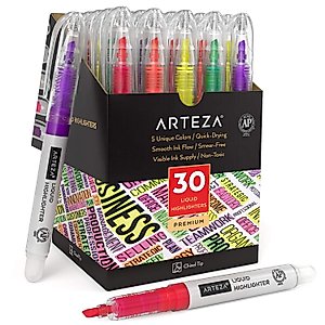 ARTEZA Liquid Highlighter Pens, Set of 30, Narrow Chisel Tip, Bulk Pack of Highlighters in 5 Assorted Colors, Use in Bullet Journal, Notes, or Books