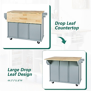 LUMISOL Kitchen Island with Drop Leaf, Rolling Kitchen Island Cart with Internal Storage Racks, Wood Kitchen Island on Wheels with Drawers, Spice Rack & Towel Rack, for Kitchen, Gray Blue