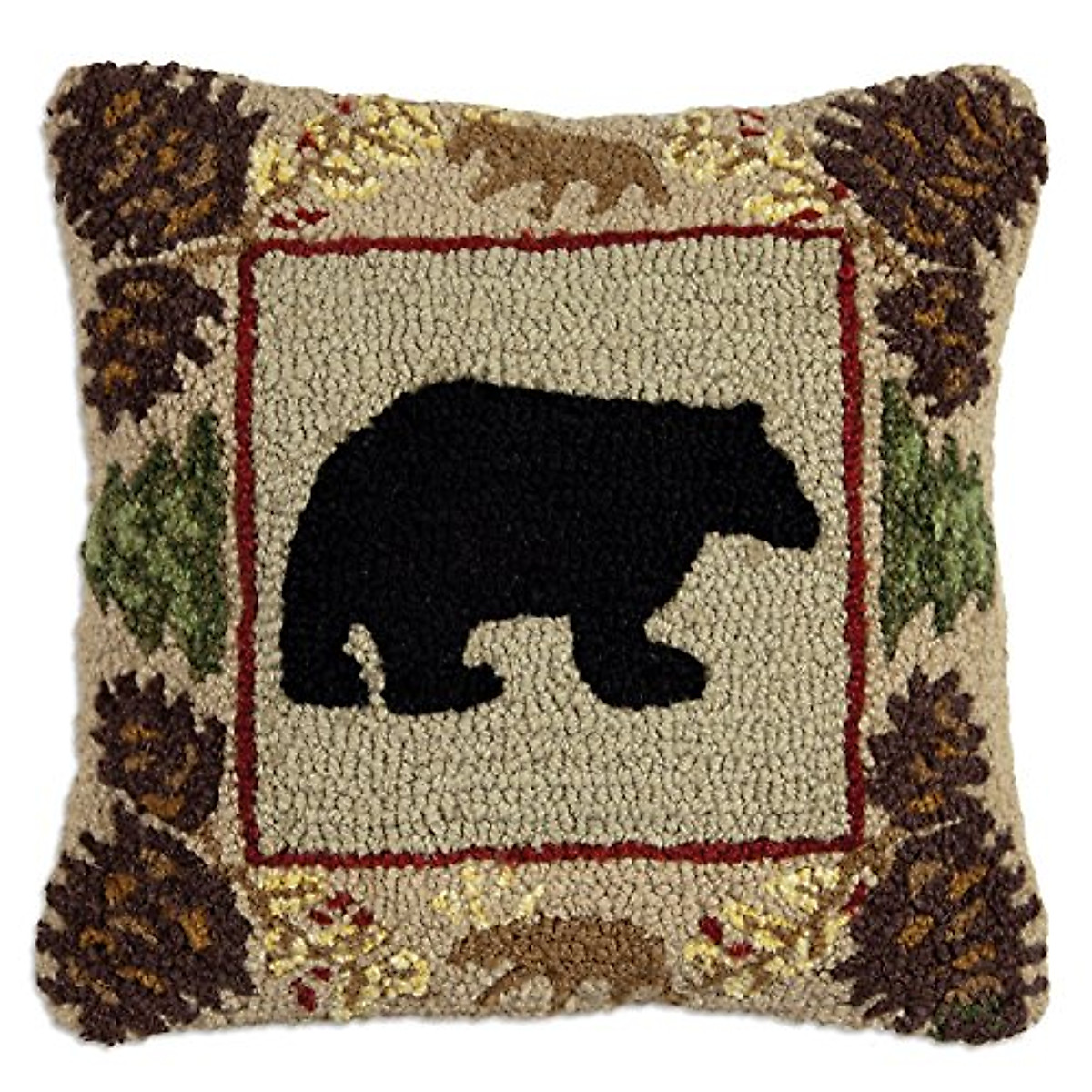 Chandler 4 Corners Artist-Designed Northwoods Bear Hand-Hooked Wool Decorative Throw Pillow (18” x 18”) Wildlife Pillow for Couches & Beds - Easy Care & Low Maintenance Nature & Wilderness Pillow