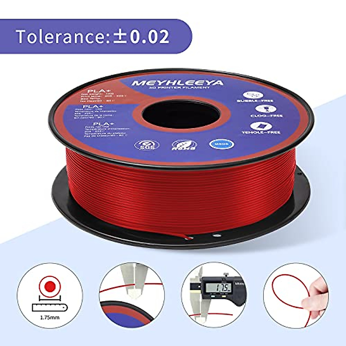 MEYHLEEYA PLA 3D Printer Filament, Neatly Wound PLA Filament 1.75mm Dimensional Accuracy +/- 0.02mm, Fit Most FDM 3D Printers, Good Vacuum Packaging Consumables, 1kg Spool (2.2lbs), 330 Meters,RED