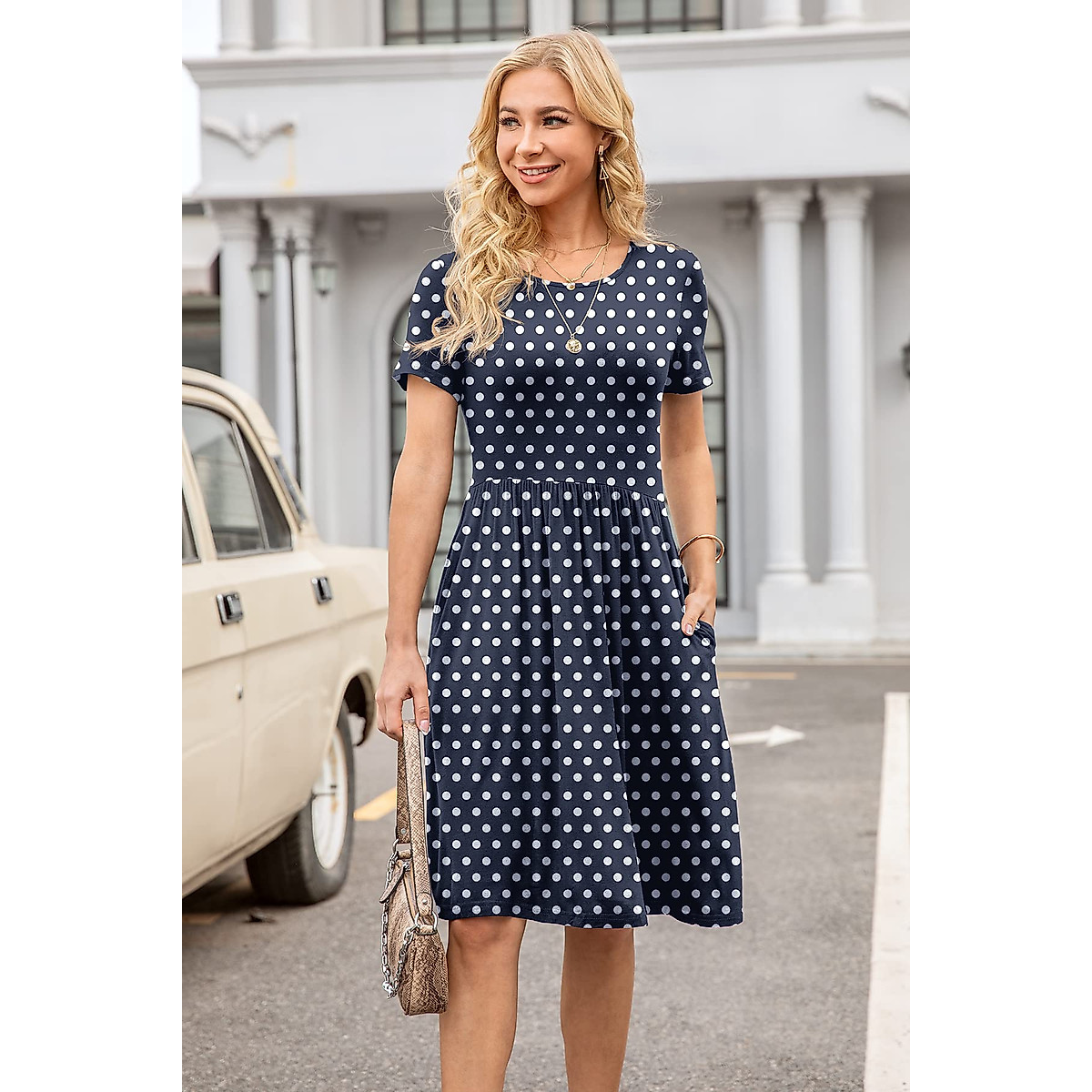 DB MOON Women Summer Casual Short Sleeve Dresses Empire Waist Dress with Pockets (Polka Dot Navy Blue, M)