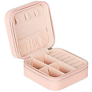 GOTDYA PU Leather Small Travel Jewelry Case,Portable Jewelry Box with Zipper for Organized and Storing Jewelry,Light Pink