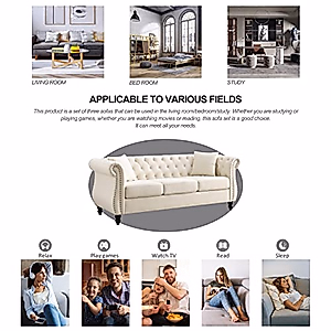 Fulocseny 3 Seater Chesterfield Sofa Velvet for Living Room,80" Sofa Tufted Upholstered Couch with Rolled Arms and Nailhead,Bedroom,Office,Apartment,Two Pillows (Velvet, Beige)