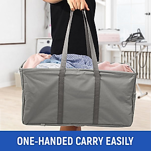 Collapsible Reusable Grocery Bags, Foldable Shopping Tote Bags with Handles, Large Utility Tote Bag with Handy Pockets, Sturdy Grocery Basket for Kitchen, Shopping, Laundry, Travel, Campout Grey