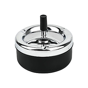 Round Push Down Ashtray with Spinning Tray Metal Cigarette Ash Tray Large 5.2 Inches Home Ashtray for Outside Patio - Black