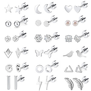 MJust 18 Pairs Stainless Steel Earring Set For Women Men 20G Cartilage Star Moon Triangle Circle Bar Heart Screwback Barbell Geometric Flatback Earrings Set Jewelry (Silver)
