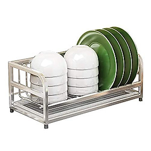 Dish Drying Rack, 304 Stainless Steel Dish Dryer Rack with Removable Drainer Tray Stand On Counter Top Sturdy, Durable and, 16.5" L x 7.9" W x 6.5" H Silver