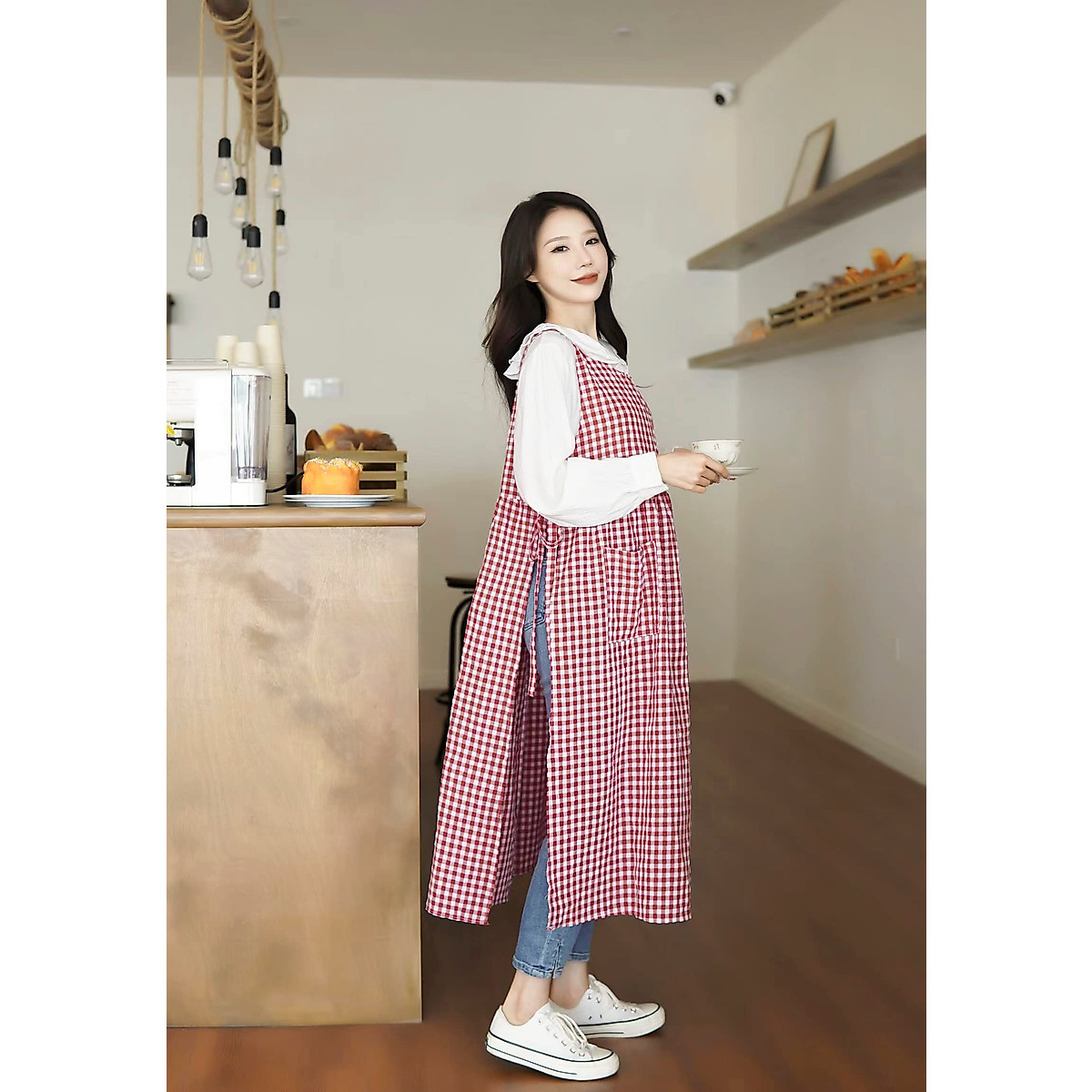 TALIBSA Plaid Apron Dress，Japanese Cotton Linen Cross Back Apron for Women with Pockets，Pinafore Dress with Waist Ties (Red Plaid)