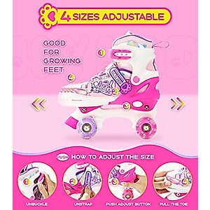 HYKID Paw Stars 4 Size Adjustable Roller Skates with Light Up Wheels,Safe for Girls Kids Toddler, Trimmable Insole Included (Small)